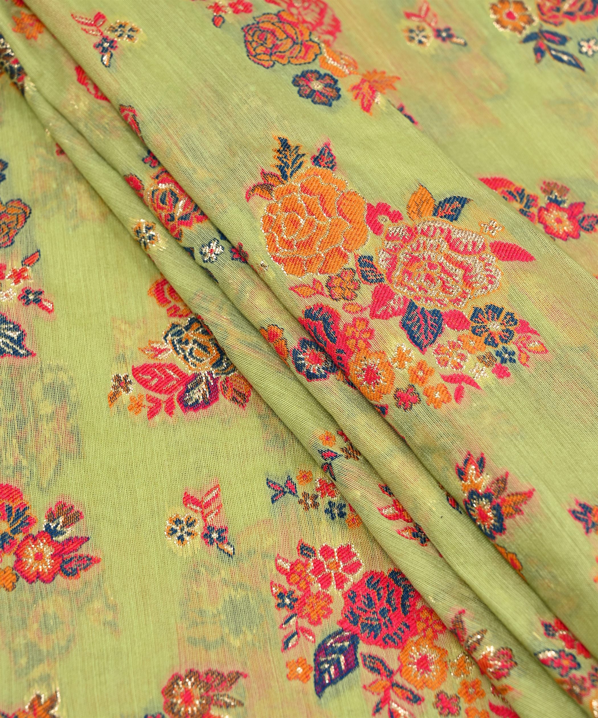 Buy Light Pista Pure Chanderi Flower Bunch Jacquard Fabric Online at ...